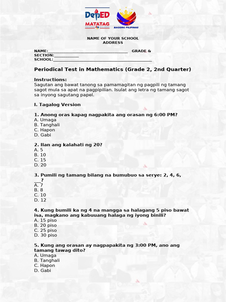 PERIODICAL TEST in Mathematics Grade 2 | PDF