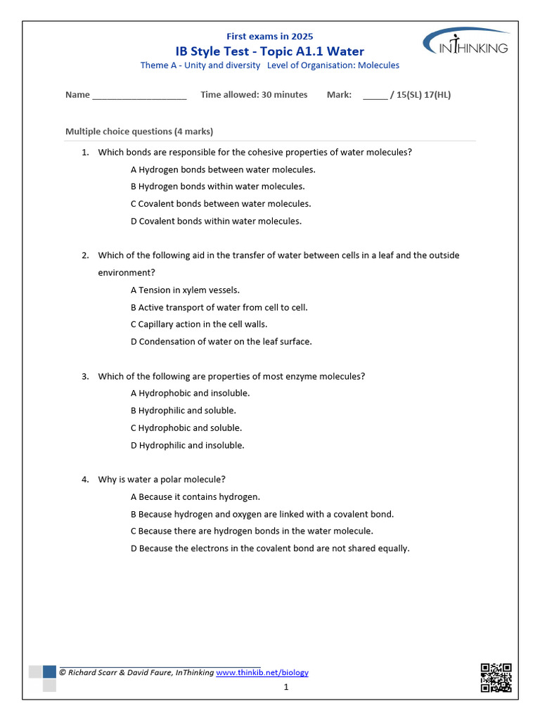 IB Water Exam Questions 2025 | PDF | Properties Of Water | Chemical Bond