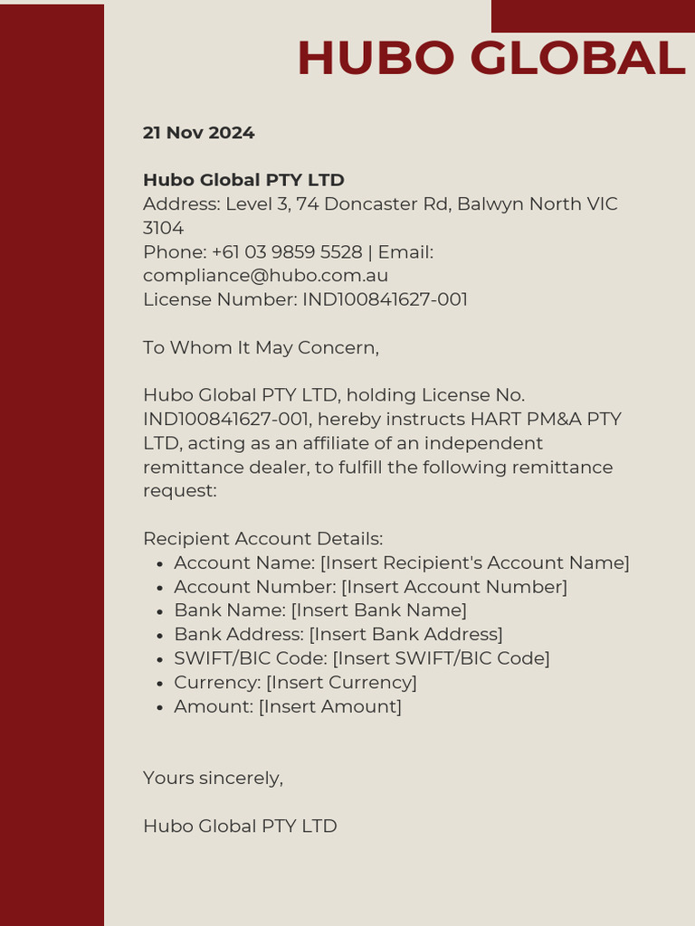 Remittance Instruction Letter | PDF