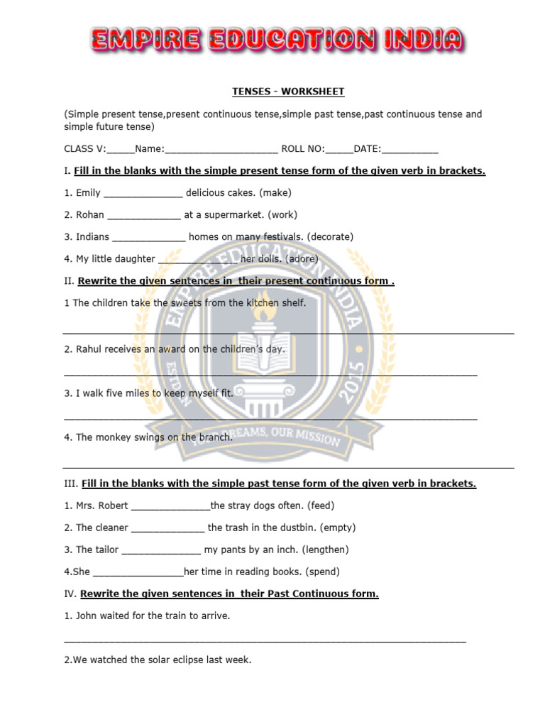 Tenses Worksheet for Class V | PDF | Language Mechanics | Grammar