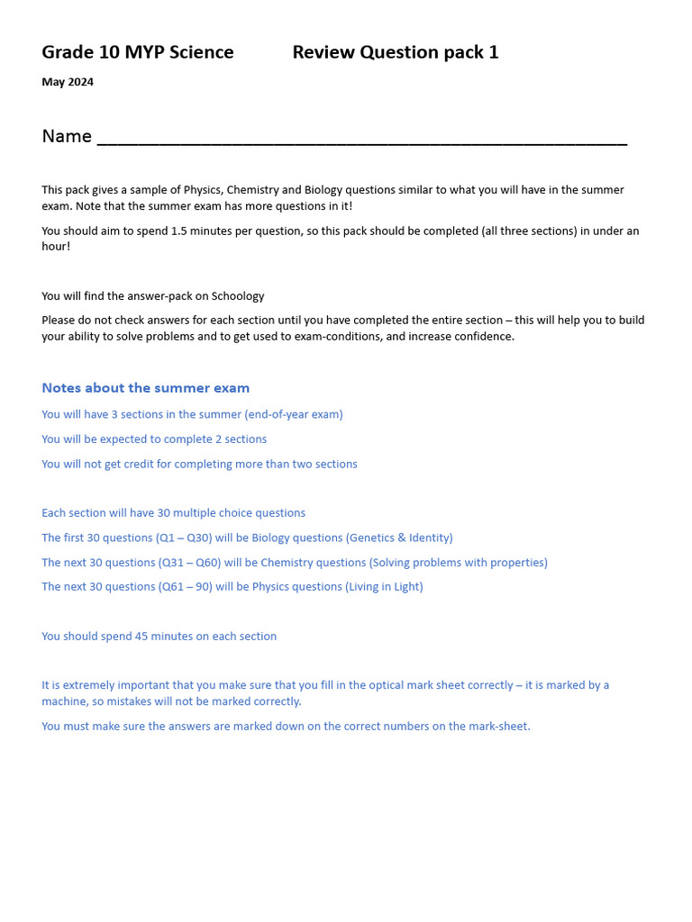 Grade 10 MYP Science Review For Exam Question Pack 1 | PDF | Dominance ...