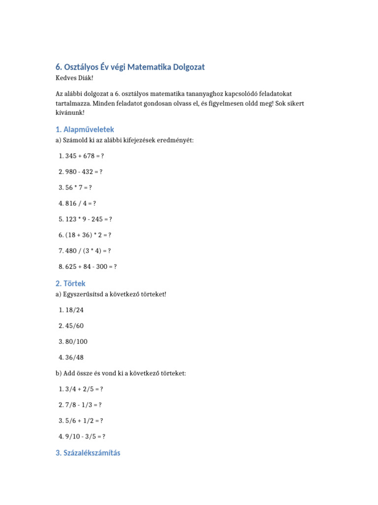 6 Osztalyos Ev Vegi Matematika Dolgozat Bovitett | PDF