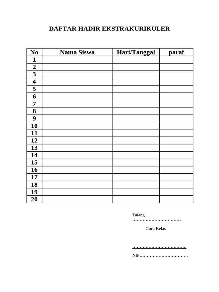 Daftar Hadir Ekstrakurikuler | PDF
