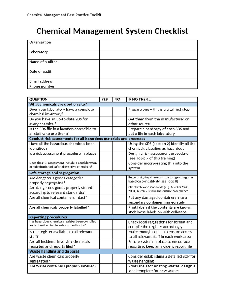 Lab Chemical Safety Checklist | PDF | Dangerous Goods | Waste Management