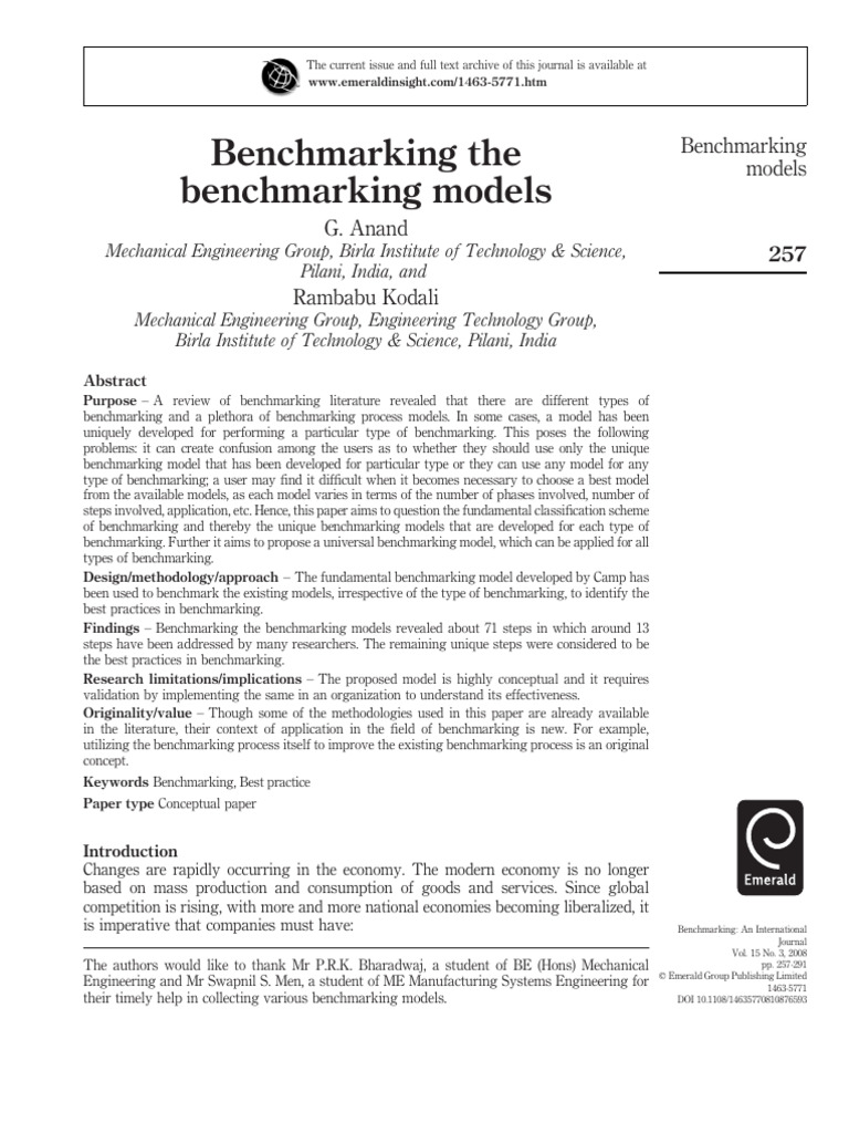 Beachmarking Models | PDF | Benchmarking | Methodology