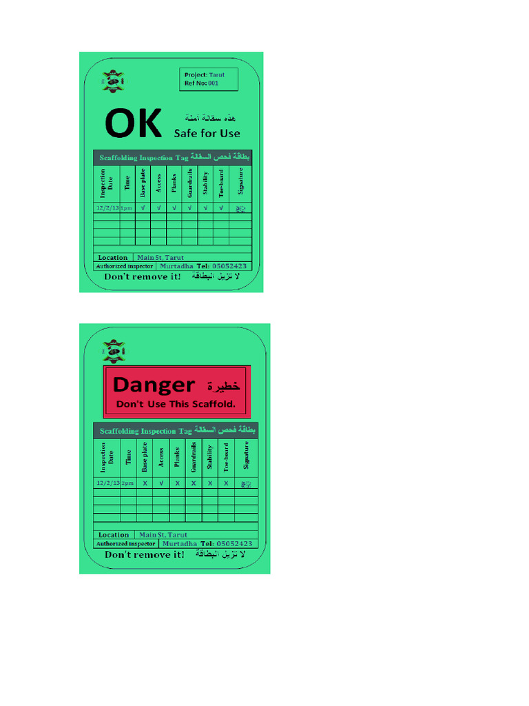 Scaffold Safety Inspection Tag | PDF | Scaffolding | Bamboo