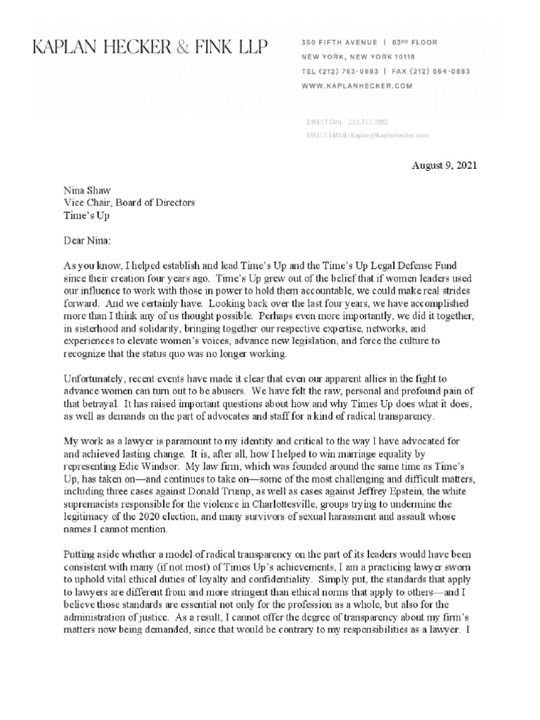 Kaplan (Times Up) Resignation Letter | PDF | Justice | Crime & Violence