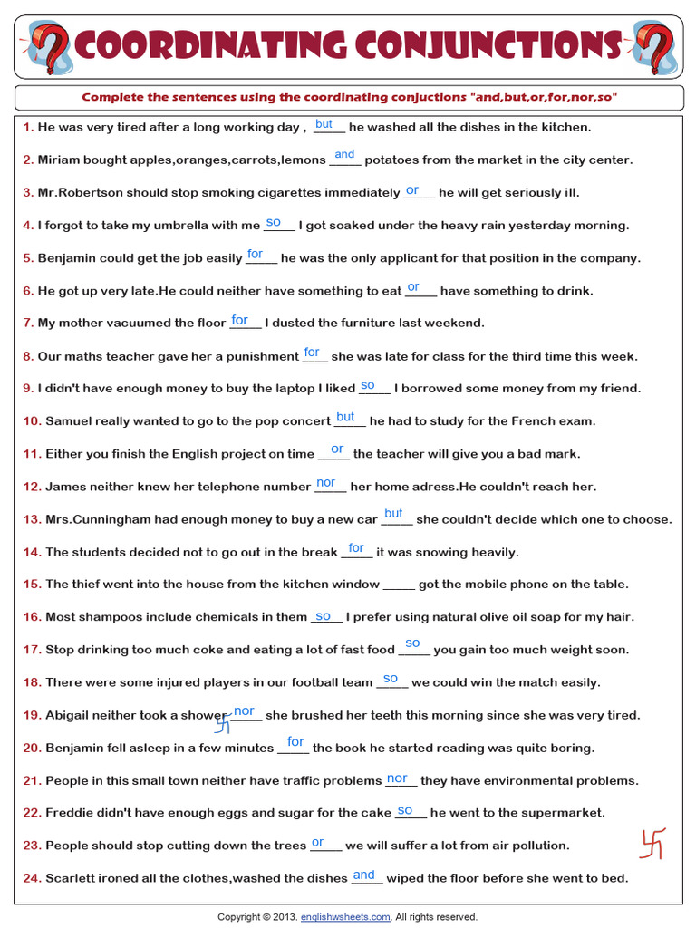Coordinating Conjunctions Exercises Worksheet Ex | PDF