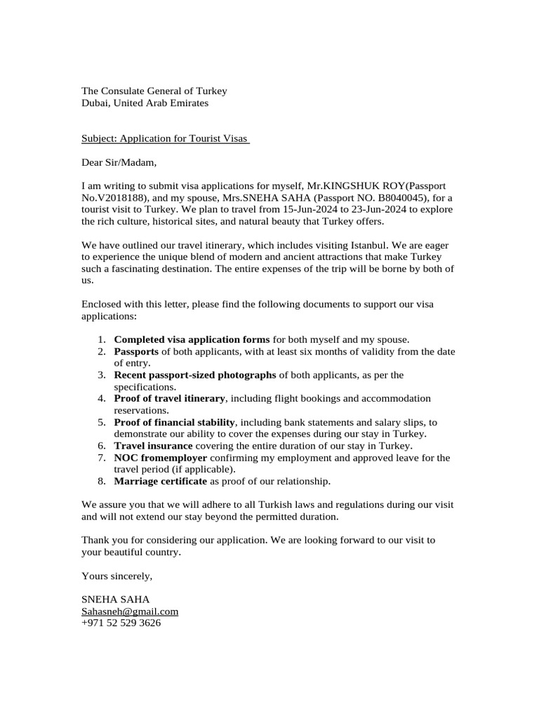 Turkey Tourist Visa Application Letter | PDF