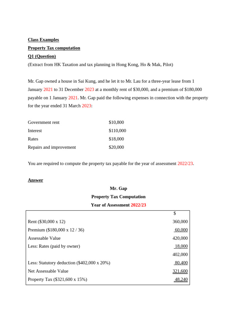 Topic 6 Property Tax Class Example - Ans | PDF