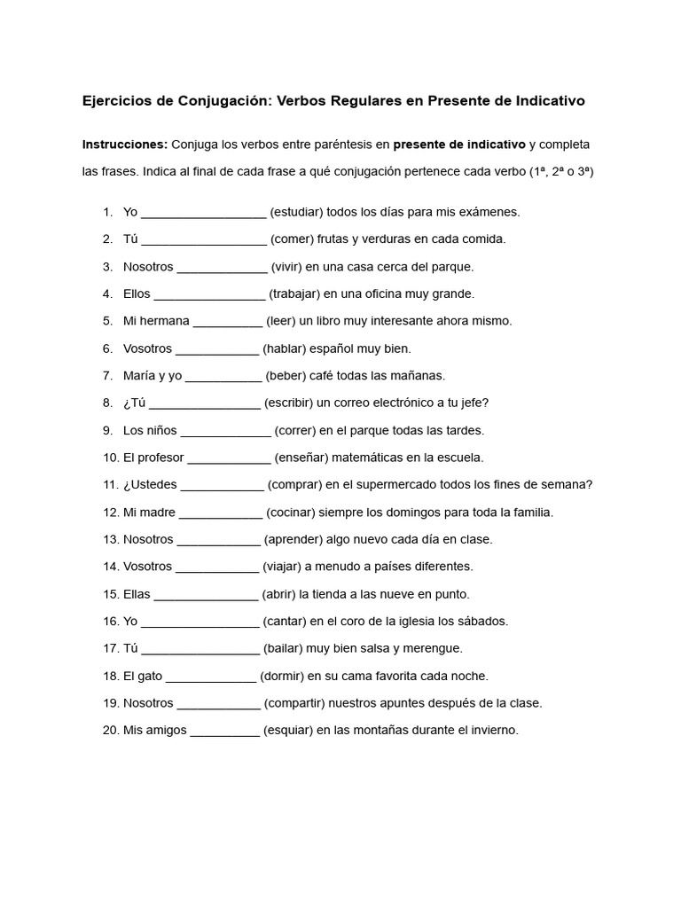 Ejercicios de Conjugación - Verbos Regulares en Presente de Indicativo ...