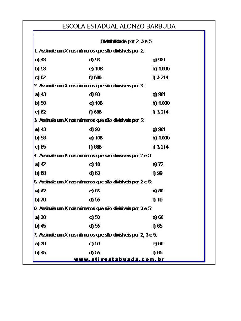 Atividade Sobre Divisibilidade PDF