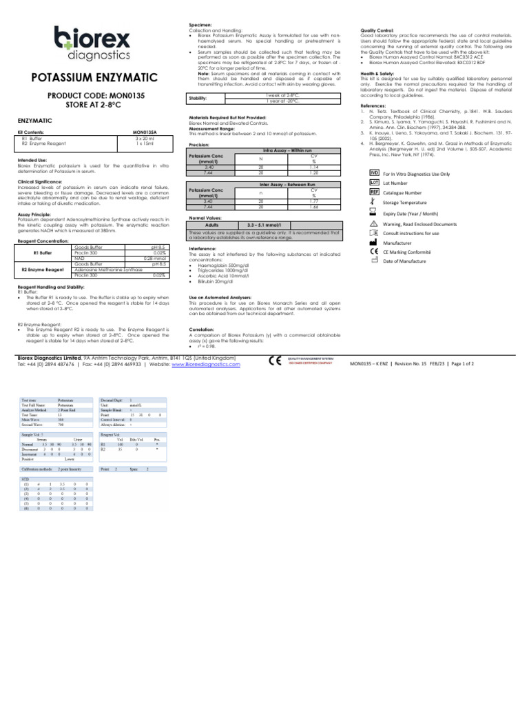 Potassium Enzymatic Assay MON0135 | PDF | Potassium | Chemistry