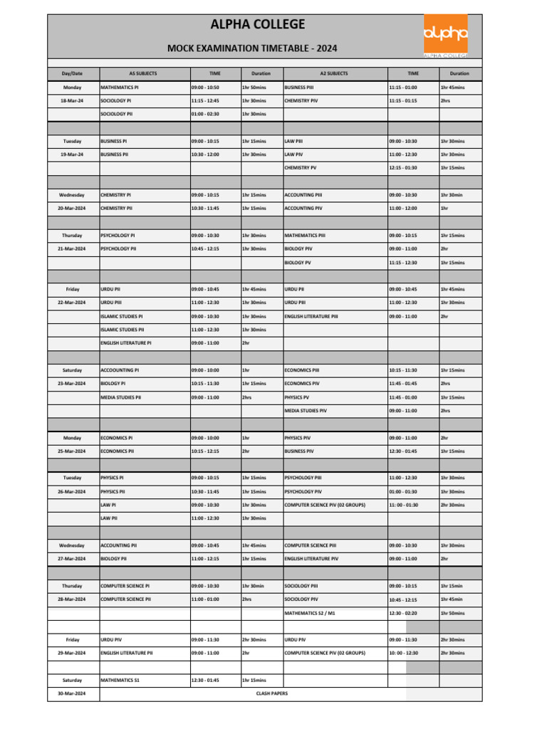 Final Mock Timetable 2024 | PDF | Science
