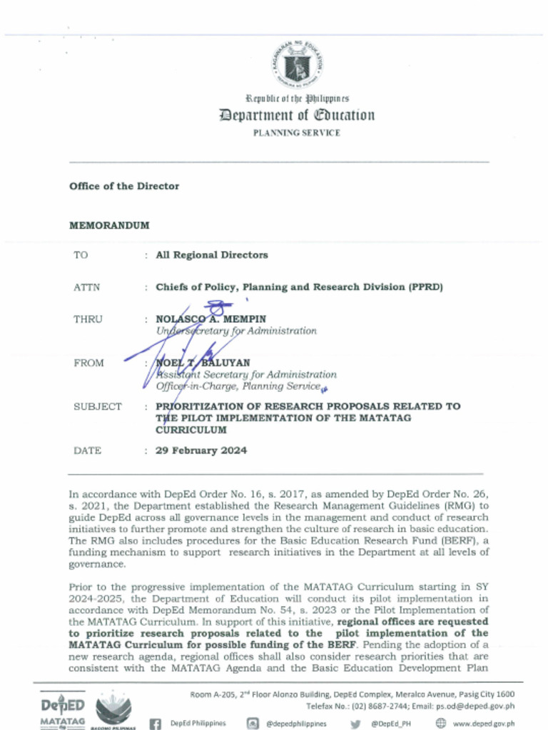 DepEd Memo Re PRIORITIZATION OF RESEARCH RELATED TO MATATAG CURRICULUM ...