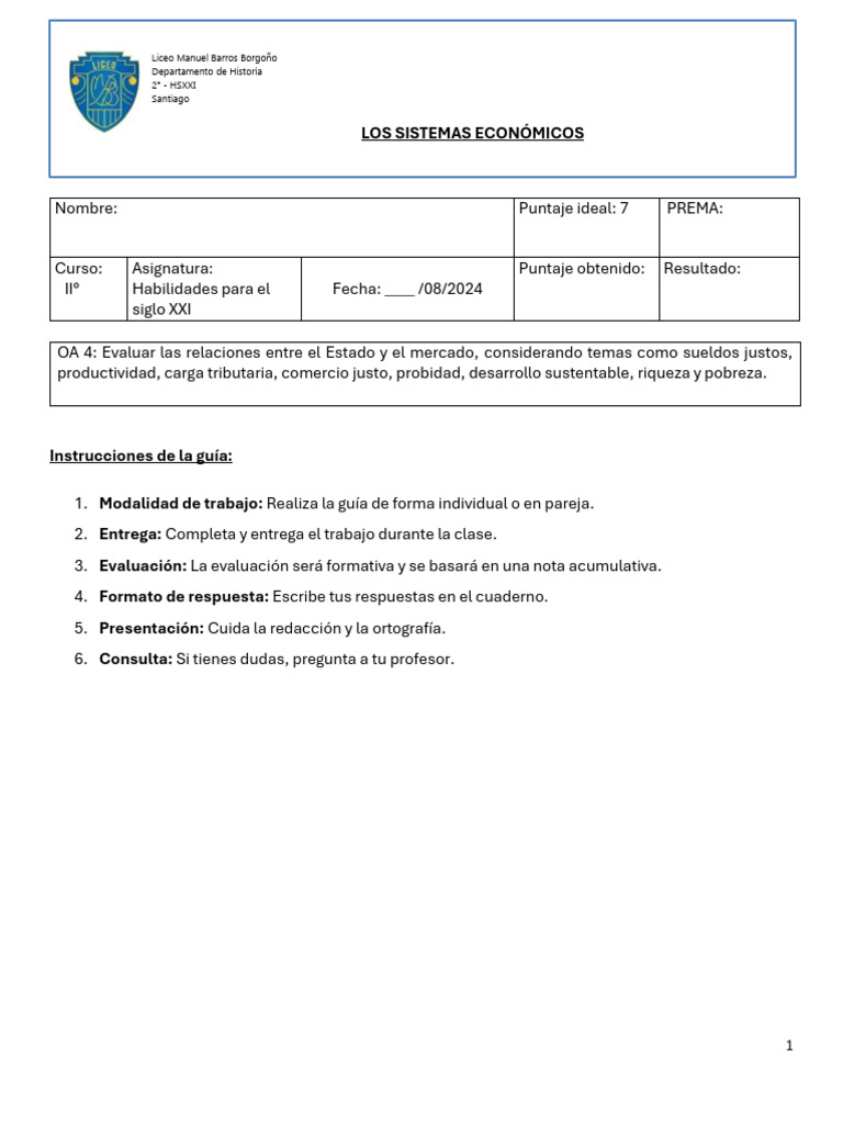 Template - 2° HSXXI - Guía Aprendizaje - Los Sistemas Económicos | PDF ...