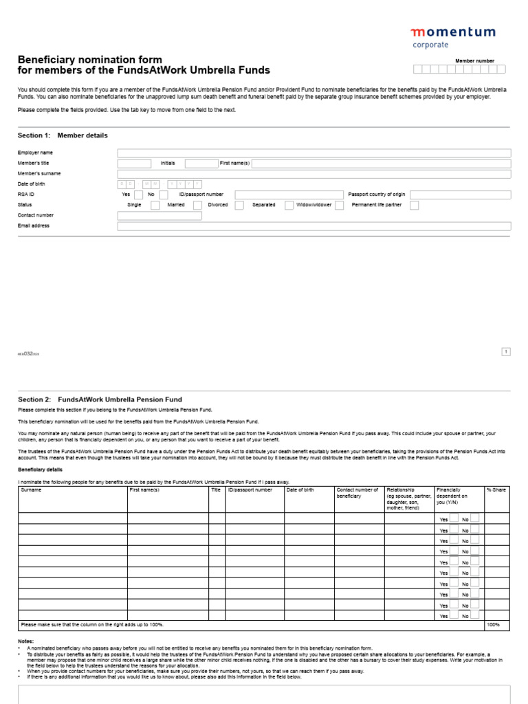 FundsAtWork Beneficiary Nomination Form | PDF | Pension | Trustee