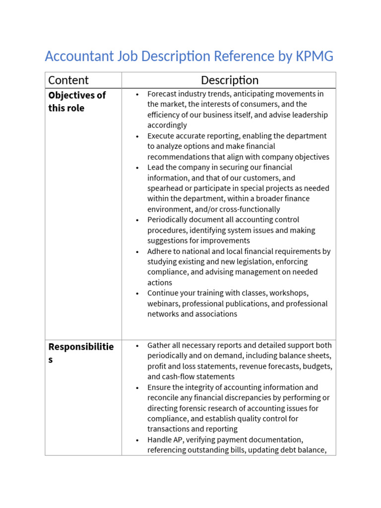 Accountant Job Description Reference by KPMG | PDF | Accounting | Audit