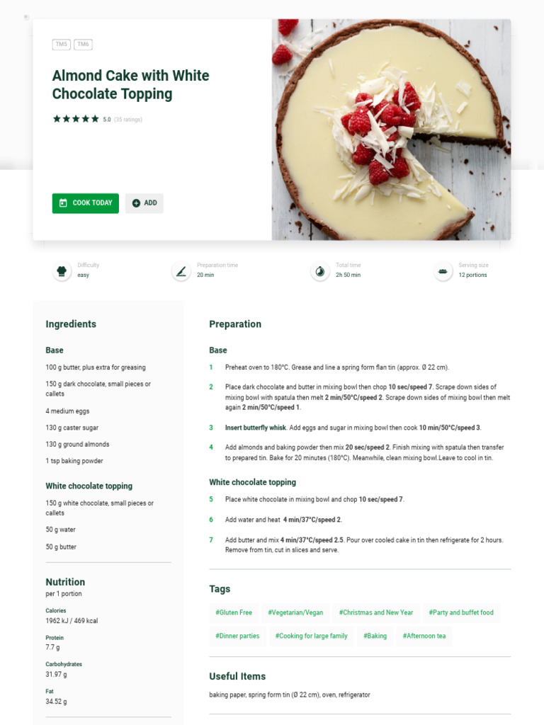 Almond Cake With White Chocolate Topping - Cookidoo® - The Official ...