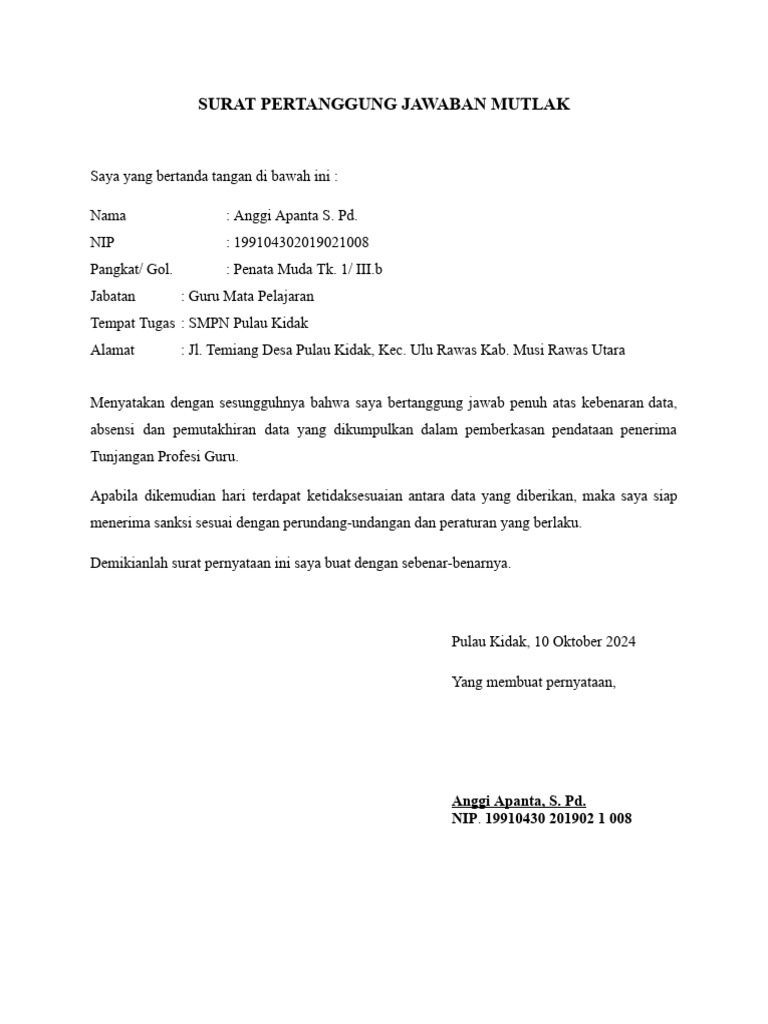 Surat Pertanggung Jawaban Mutlak | PDF