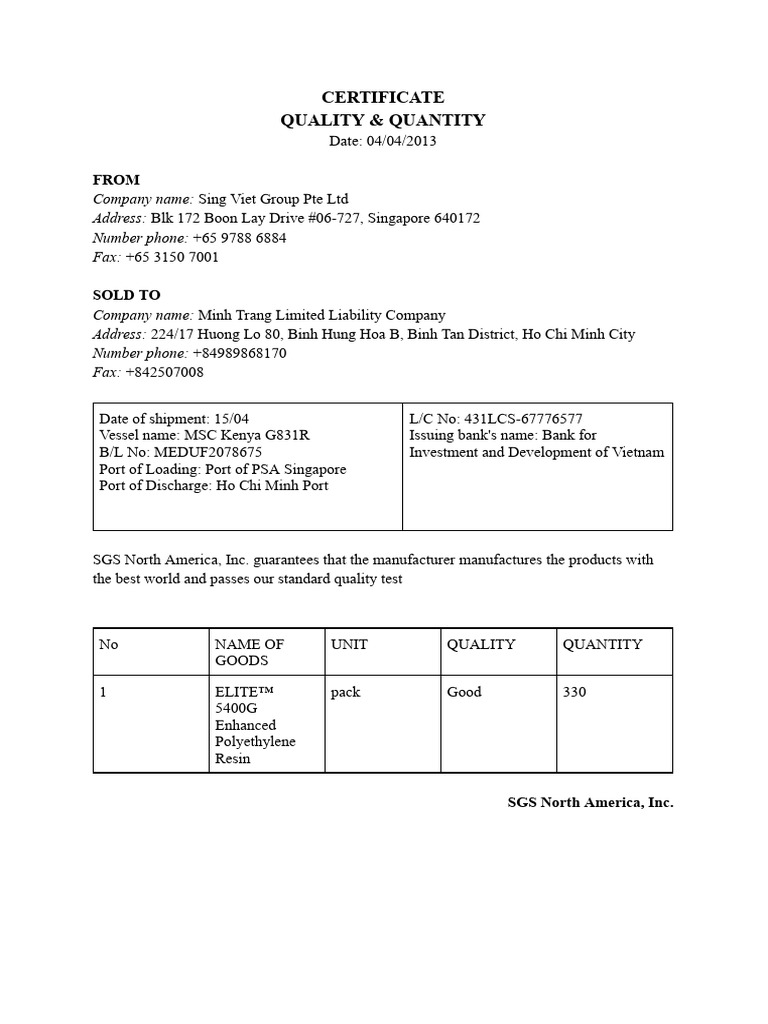 Quality Certificate | PDF