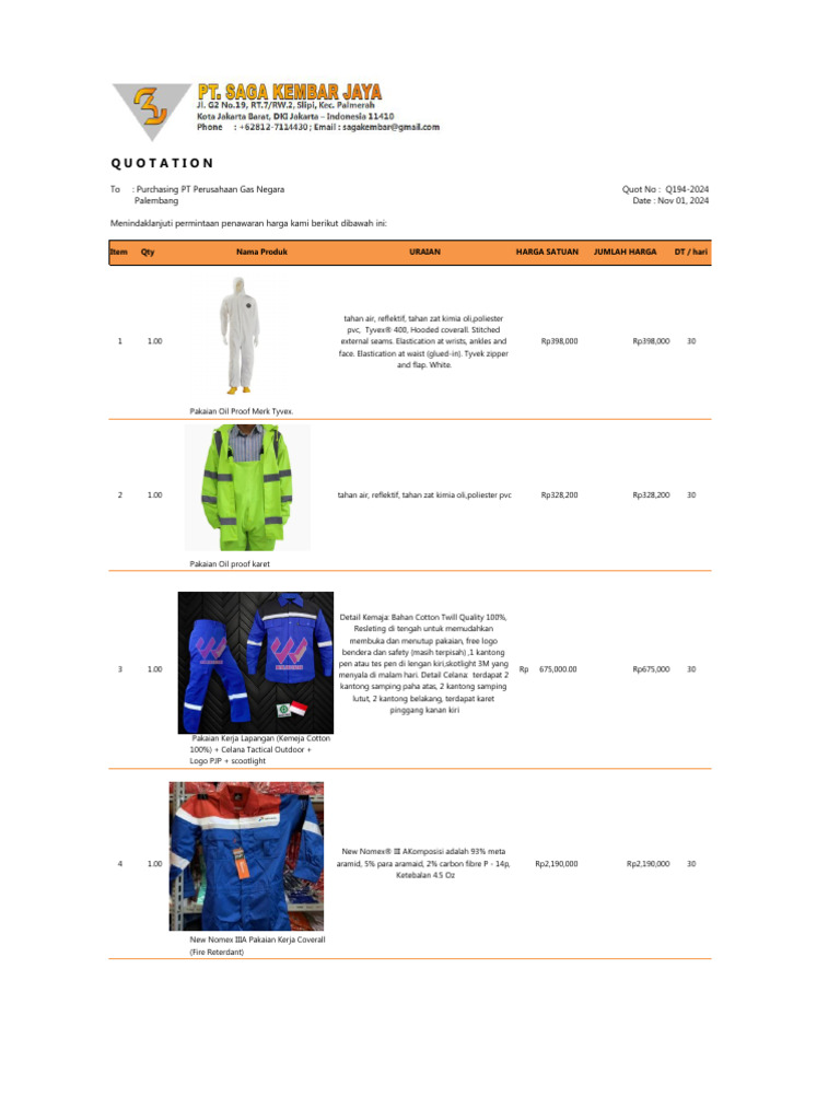 Quotation - PT SAGA - PERTAGAS 13 ITEMS | PDF