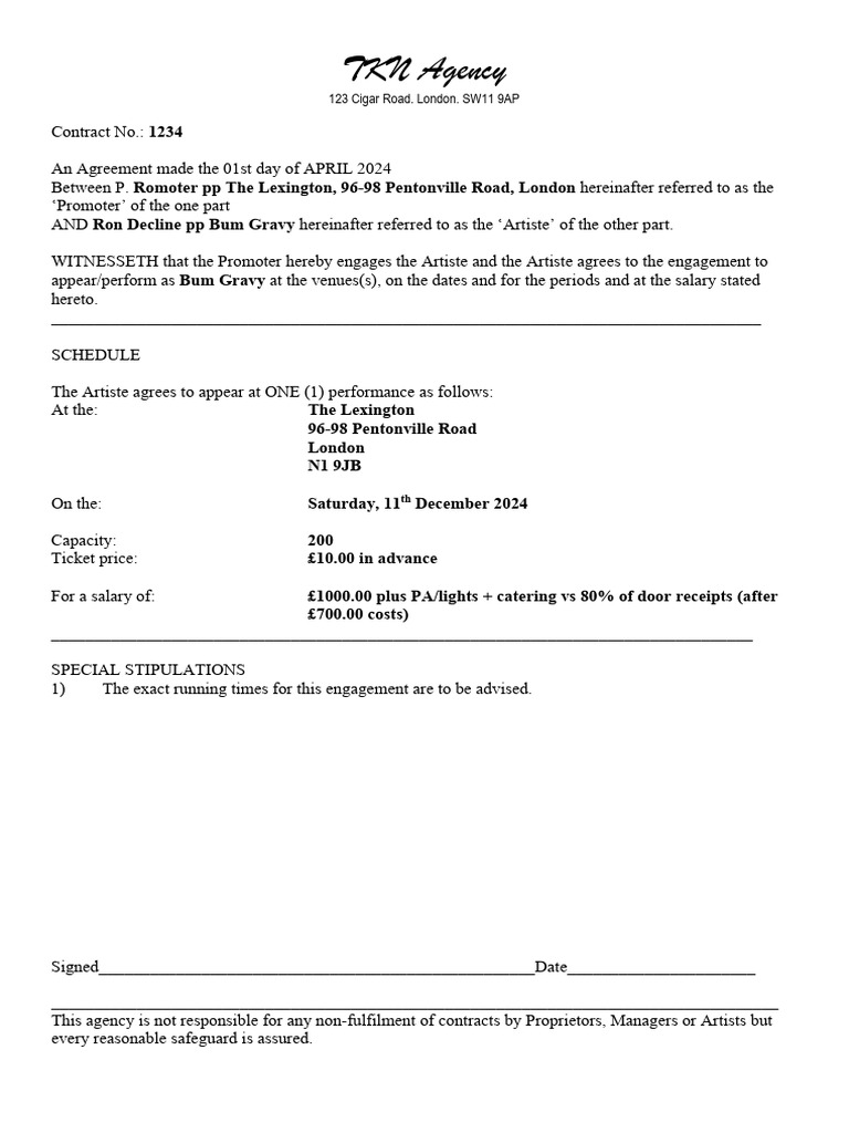 An Example of A Contract For A Concert - Bum Gravy at The Lexington ...