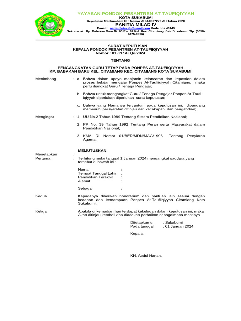SK Pengangkatan Guru Pesantren | PDF