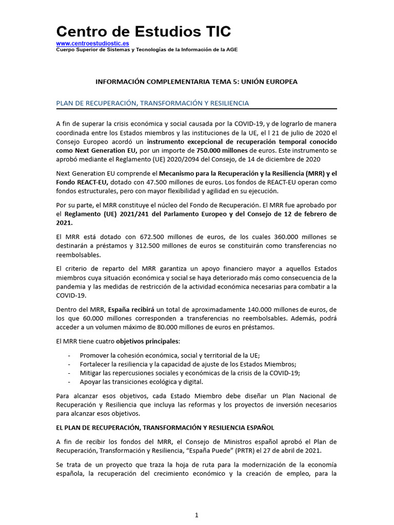 Información Complementaria PRTR Tema 5 | PDF | Infraestructura | Economias