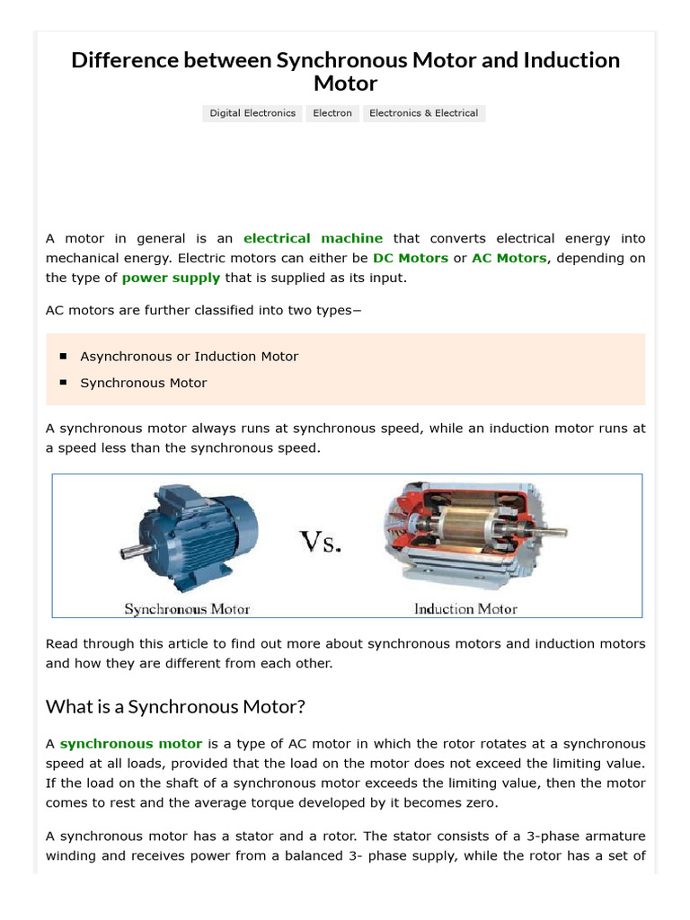 Difference Between Synchronous Motor and Induction Motor | PDF | Electric Motor | Electrodynamics