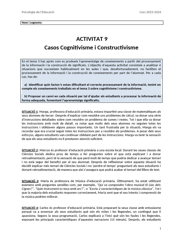 Activitat 9. Casos Cognitivisme I Constructivisme (Individual A5) 2 | PDF
