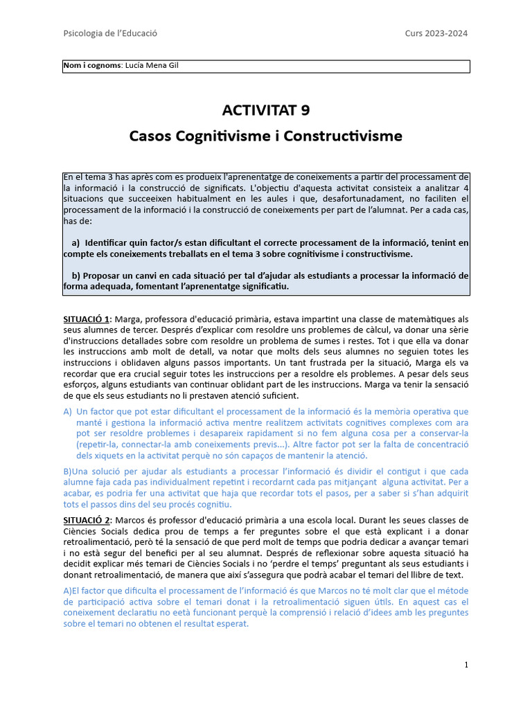 Activitat 9. Casos Cognitivisme I Constructivisme (Individual A5) 2 | PDF