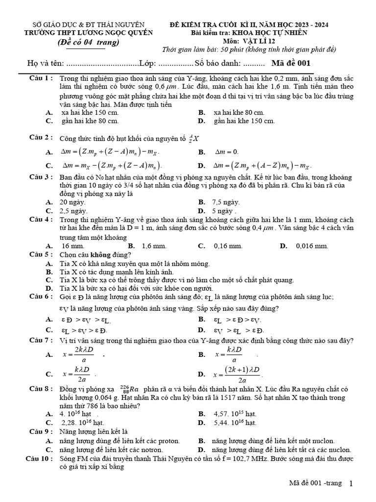 De Cuoi Ki 2 Vat Li 12 Nam 2023 2024 Truong THPT Luong Ngoc Quyen Thai Nguyen | PDF