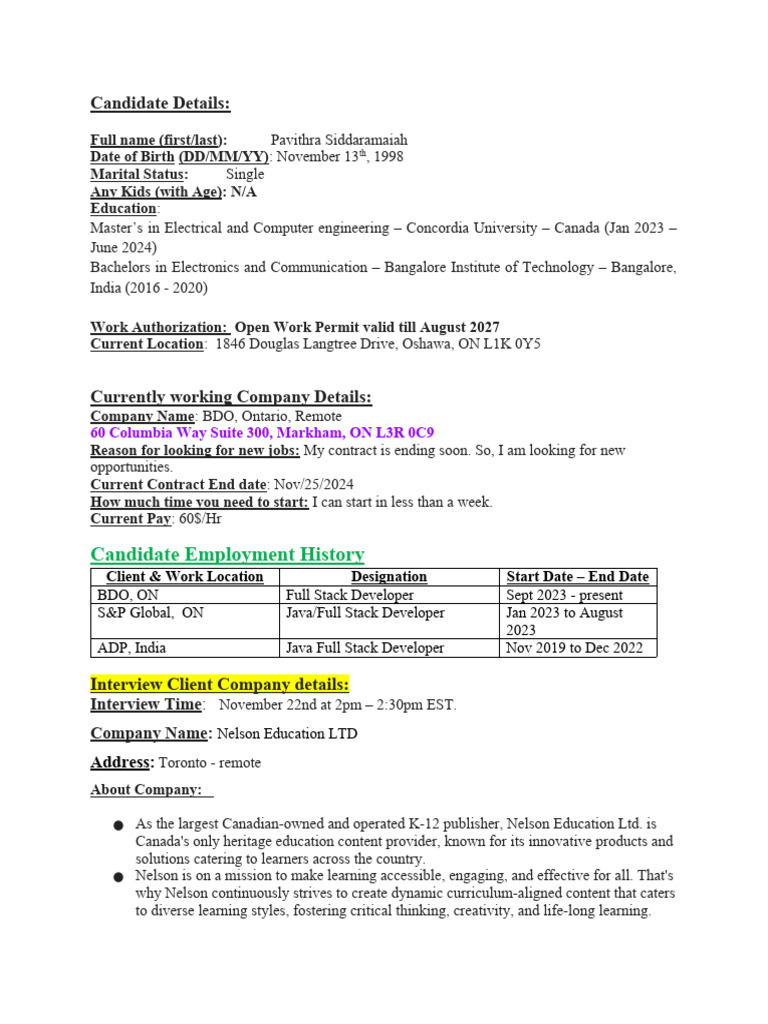 Interview Personal Details - Nelson - Education | PDF | Spring Framework | Angular Js