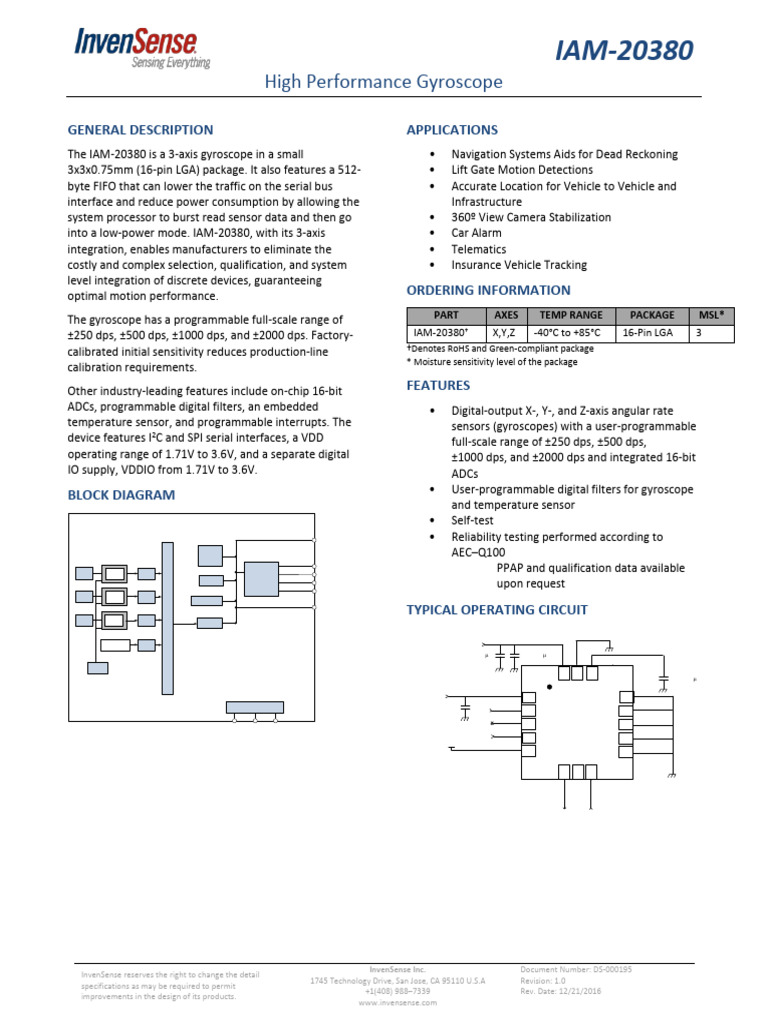 IAM-20380 TDK InvenSense | PDF | Gyroscope | Electronics