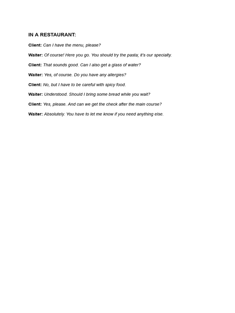 Ejemplo de Diálogo en Restaurante | PDF