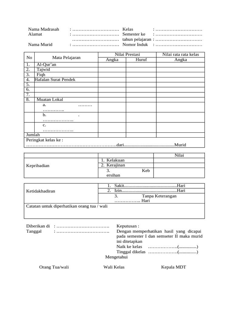 Contoh Raport Madrasah Diniyah | PDF