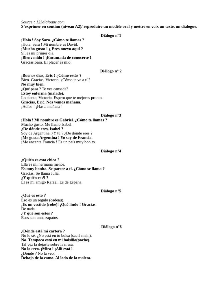 Diálogos en español A2: Presentaciones y rutinas | PDF | Color