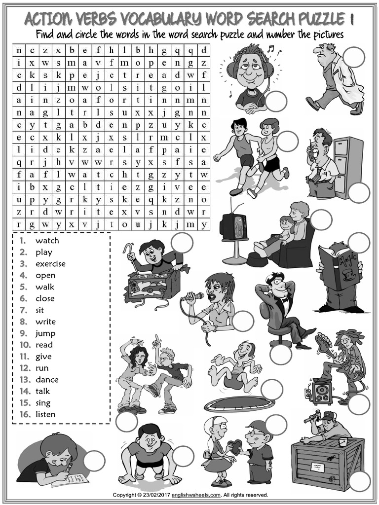 Action Verbs Vocabulary Esl Word Search Puzzle Worksheets For Kids | PDF
