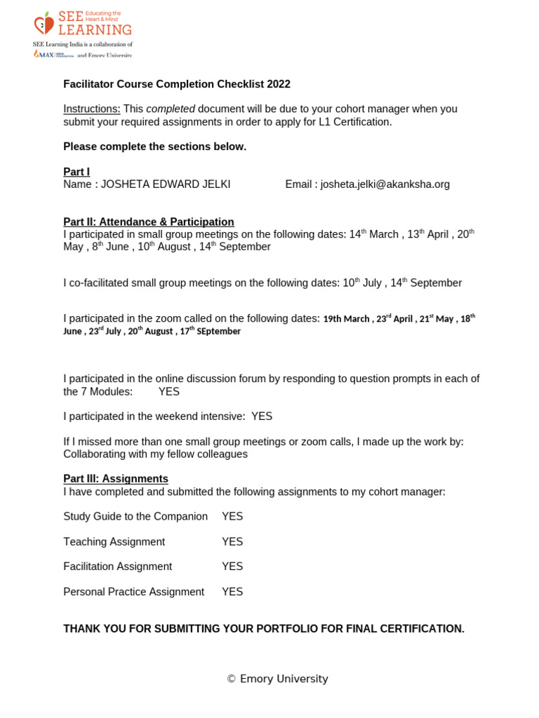 Facilitator Course Completion Checklist 2022 | PDF