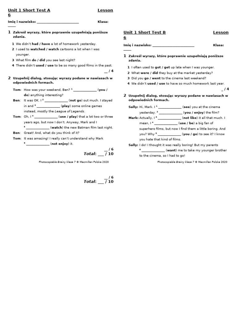 Brainy kl7 Short Tests Unit 1 Lesson 6 | PDF