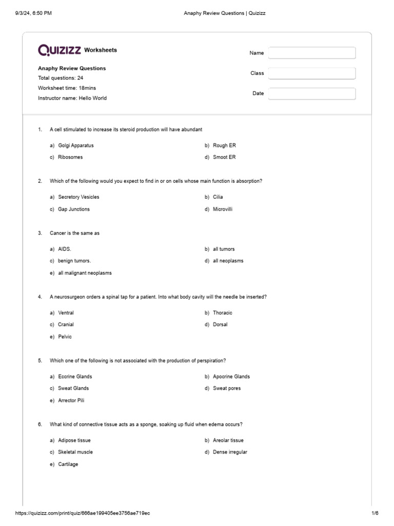 Anaphy Review Questions - Quizizz | PDF | Epithelium | Muscle