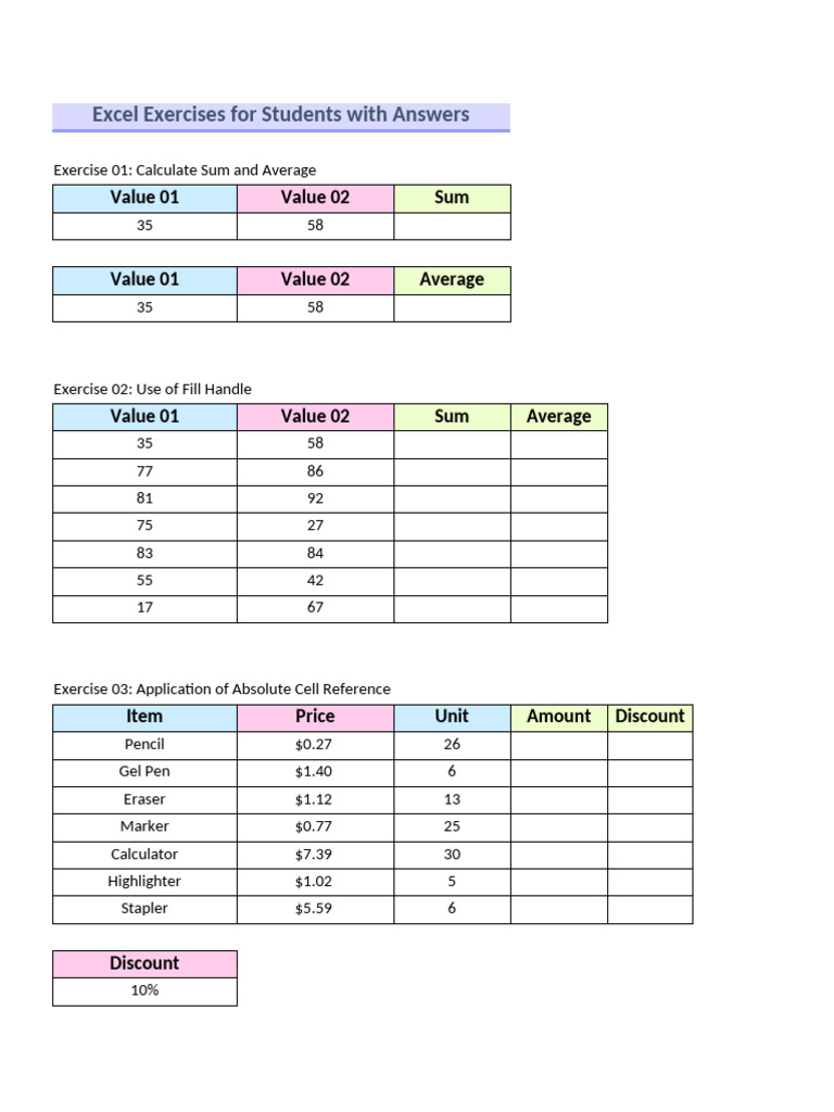Excel Practice Exercises for Students | PDF | Standard Deviation ...