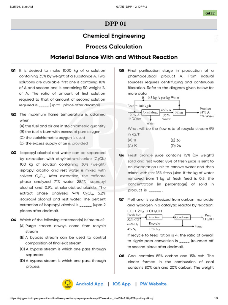 Material Balance Without Reaction and Material Balance With Reaction - DPP 01 | PDF | Water ...