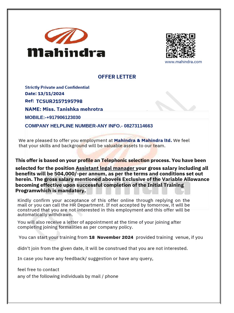 Offer letter | PDF | Employment | Probation