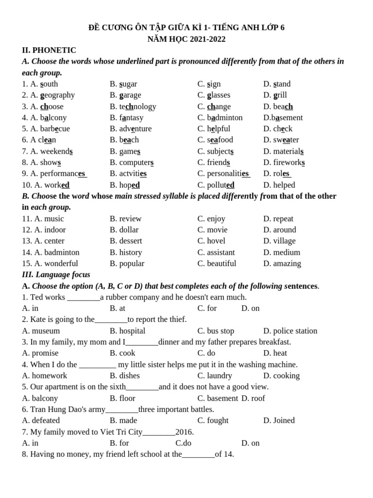 De Cuong On Tap Giua Ki 1 Tieng Anh Lop 6 Ilearn Smart World | PDF