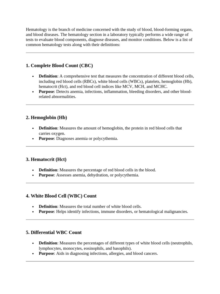Essential Hematology Tests Explained | PDF | White Blood Cell | Anemia