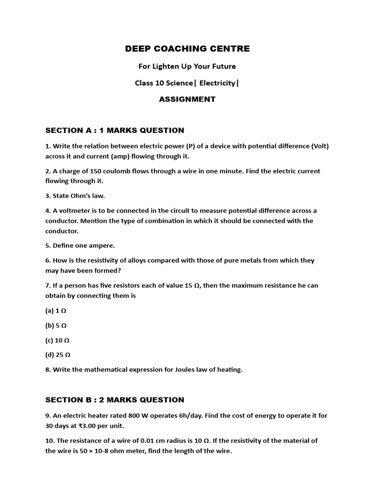 DCC Class 10 Electricity Assignment | PDF | Electrical Resistance And ...