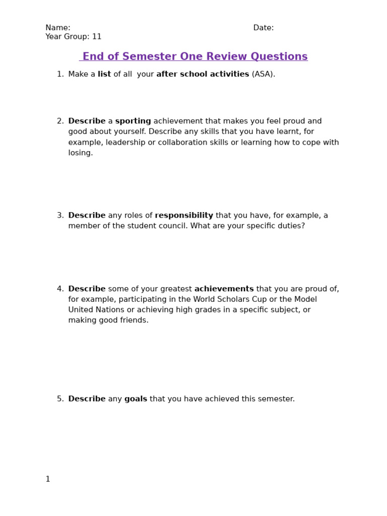 End of Semester One Review Questions | PDF