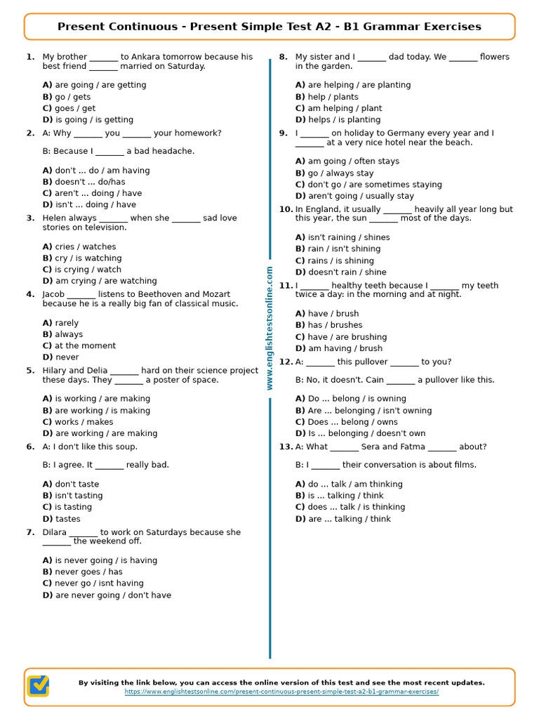 464 - Present Continuous Present Simple Test A2 b1 Grammar Exercises ...